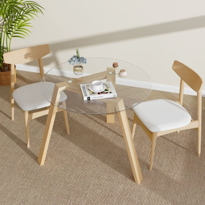 COSTWAY 90cm Round Kitchen Table Tempered Glass Dining Table for 4-Natural