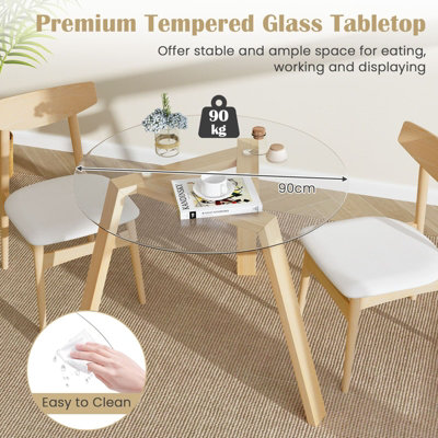 COSTWAY 90cm Round Kitchen Table Tempered Glass Dining Table for 4-Natural