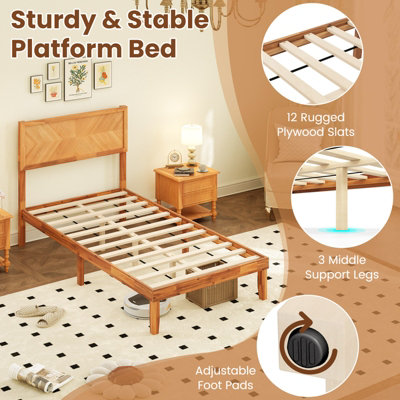 COSTWAY Acacia Wood Bed Frame w Headboard No Box Spring Needed Single Size Caramel