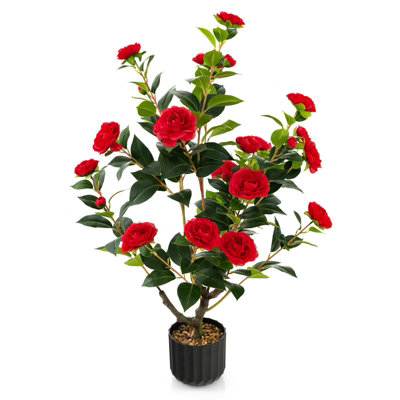 Costway Artificial Camellia Tree Faux Flower Plant Artificial Tree in Cement Pot Greenery Potted ...