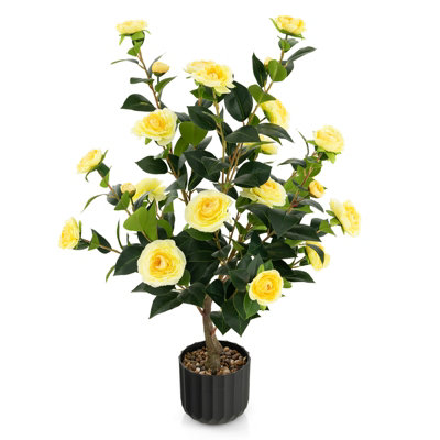Costway Artificial Camellia Tree Faux Flower Plant Artificial Tree in Cement Pot Greenery Potted ...