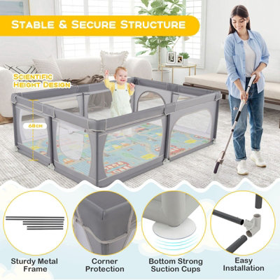 COSTWAY Baby Playpen 205 cm x 146 cm Baby Activity Center w/ Mat-Dark Grey