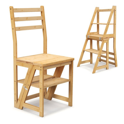 Costway Bamboo Folding Ladder Chair Convertible Step Stool and Chair w ...