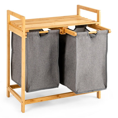 Costway Bamboo Laundry Hamper 2 Section Laundry Sorter Basket w Sliding Bags Shelf