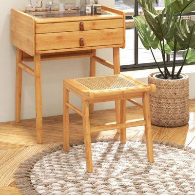 Costway Bamboo Vanity Stool Rattan Top Sitting Stool Footrest