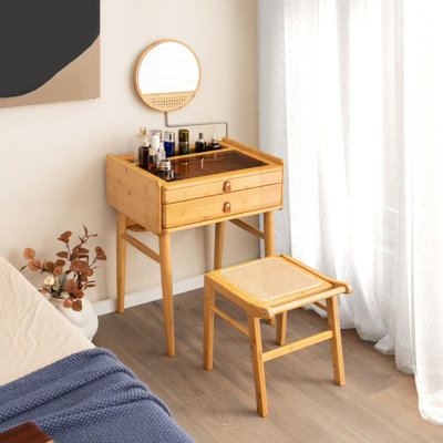 Costway Bamboo Vanity Stool Rattan Top Sitting Stool Footrest