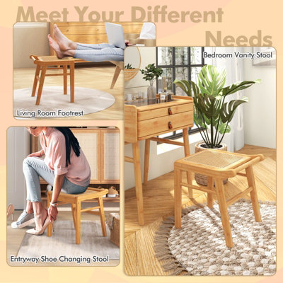 Costway Bamboo Vanity Stool Rattan Top Sitting Stool Footrest