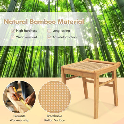 Costway Bamboo Vanity Stool Rattan Top Sitting Stool Footrest