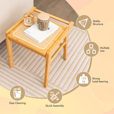 Costway Bamboo Vanity Stool Rattan Top Sitting Stool Footrest