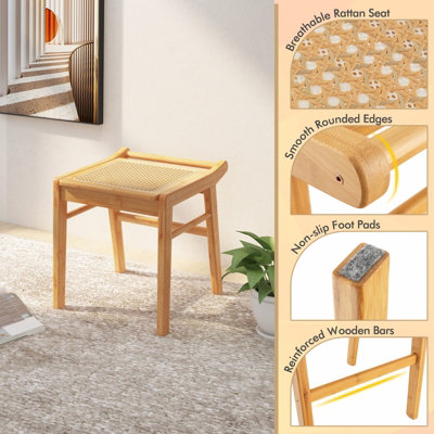 Costway Bamboo Vanity Stool Rattan Top Sitting Stool Footrest