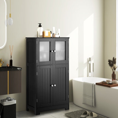 Costway Bathroom Floor Cabinet Freestanding Storage Cupboard W 2 Tempered Glass Doors
