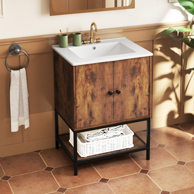 COSTWAY Bathroom Vanity Unit with Basin Rustic Floor Basin Cupboard ...