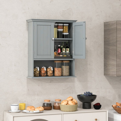 Costway Bathroom Wall Mounted Cabinet Wooden Hanging Cabinet w Doors Shelves