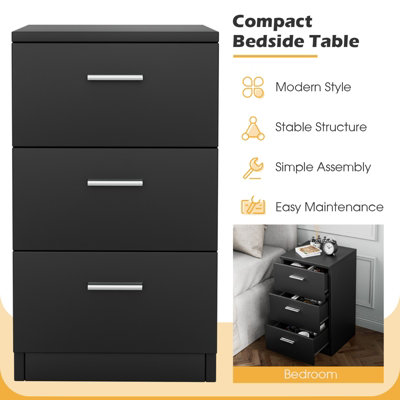 Costway Bedside Table Wooden Nightstand w/3 Drawers Space-saving Night ...