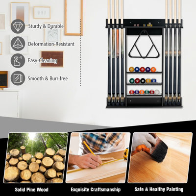 Costway Billiards Pool Cue Rack Wall Mounted Billiard Stick Holder ...