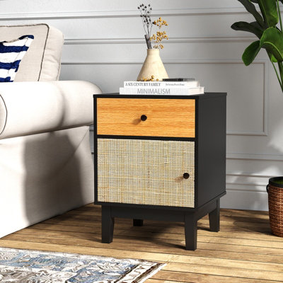 COSTWAY Boho End Table with Solid Wood Legs Modern Bedside Table with ...