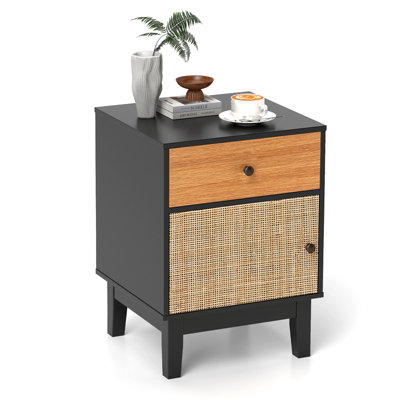 COSTWAY Boho End Table with Solid Wood Legs Modern Bedside Table with ...
