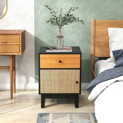 COSTWAY Boho End Table with Solid Wood Legs Modern Bedside Table with ...