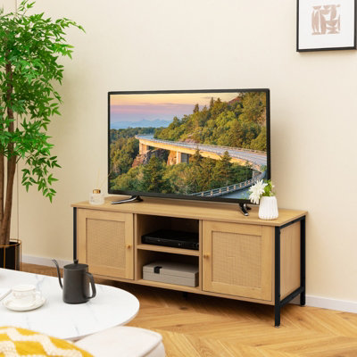 Costway Boho TV Stand for TVs up to 55" PE Rattan Media Console Table-Black