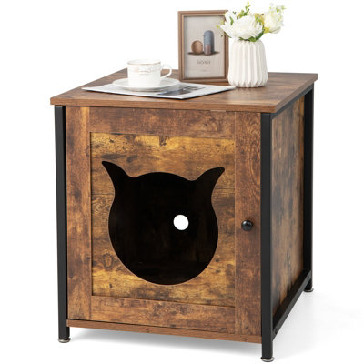 Costway Cat Litter Box Enclosure Vintage Wooden Kitty Washroom ...