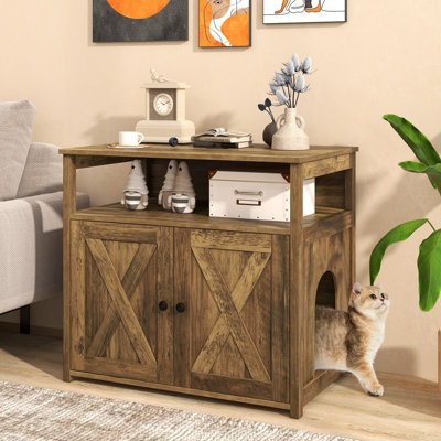 COSTWAY Cat Litter Box Enclosure Wooden Cat House Side Table Storage ...