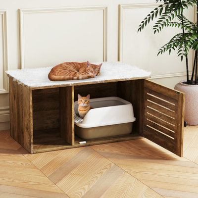 COSTWAY Cat Litter Box Enclosure Wooden Pet Side Table with Winding Entry
