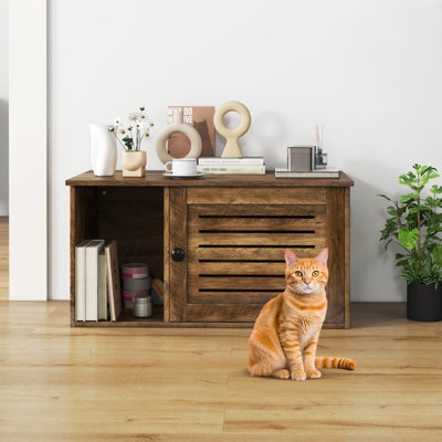 COSTWAY Cat Litter Box Enclosure Wooden Pet Side Table with Winding Entry