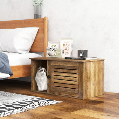 COSTWAY Cat Litter Box Enclosure Wooden Pet Side Table with Winding Entry