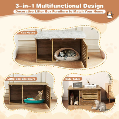 COSTWAY Cat Litter Box Enclosure Wooden Pet Side Table with Winding Entry