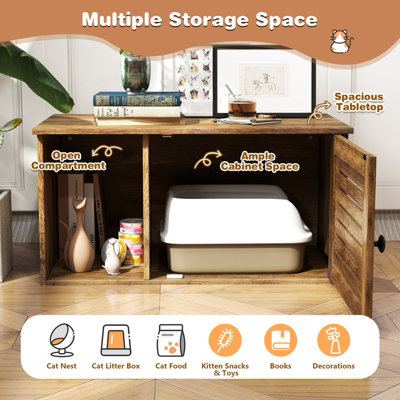 COSTWAY Cat Litter Box Enclosure Wooden Pet Side Table with Winding Entry