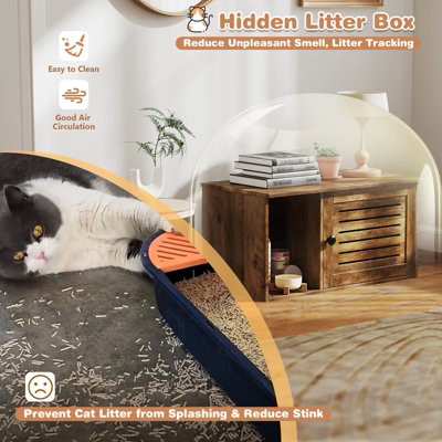 COSTWAY Cat Litter Box Enclosure Wooden Pet Side Table with Winding Entry