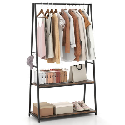 COSTWAY Clothes Rack Home Freestanding Clothes Rack w/ 2 Shelves-Brown