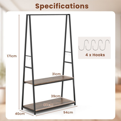 COSTWAY Clothes Rack Home Freestanding Clothes Rack w/ 2 Shelves-Brown
