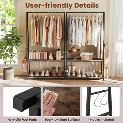 COSTWAY Clothes Rack Home Freestanding Clothes Rack w/ 2 Shelves-Brown
