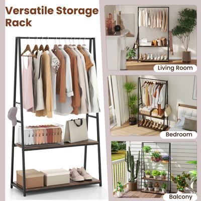 COSTWAY Clothes Rack Home Freestanding Clothes Rack w/ 2 Shelves-Brown