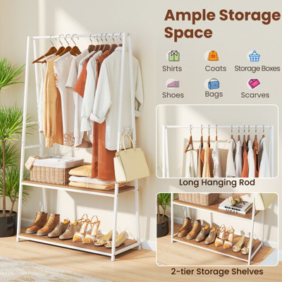 COSTWAY Clothes Rack Home Freestanding Clothes Rack w/ 2 Shelves-Natural