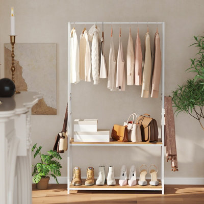 COSTWAY Clothes Rack Home Freestanding Clothes Rack w/ 2 Shelves-Natural