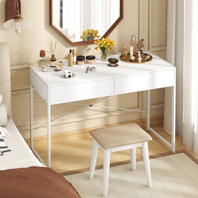 COSTWAY COMPUTER DESK 111 X 48 CM COMPACT WRITING DESK WITH 2 DRAWERS-WHITE