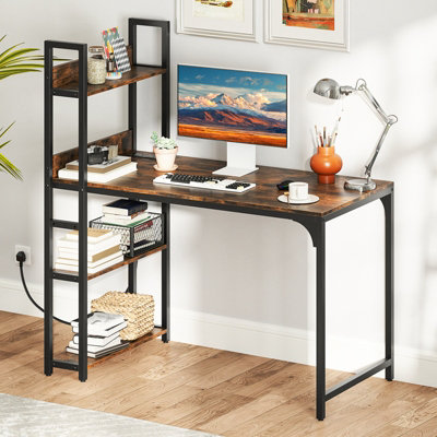 COSTWAY Computer Desk 120 CM Study Writing Desk with Charging Station-Brown