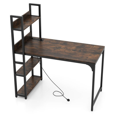 COSTWAY Computer Desk 120 CM Study Writing Desk with Charging Station-Brown
