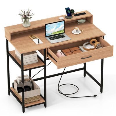COSTWAY Computer Desk with Power Outlets Home Office Desk with Top Shelf
