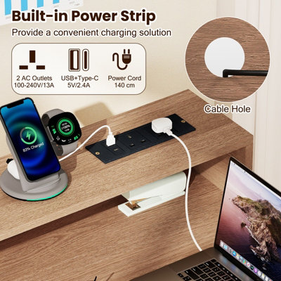 COSTWAY Computer Desk with Power Outlets Home Office Desk with Top Shelf
