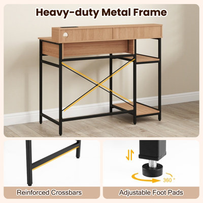 COSTWAY Computer Desk with Power Outlets Home Office Desk with Top Shelf