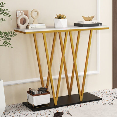 COSTWAY Console Table w/ Faux Marble Top 100cm Long Entry Table Metal Frame