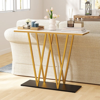 COSTWAY Console Table w/ Faux Marble Top 100cm Long Entry Table Metal Frame