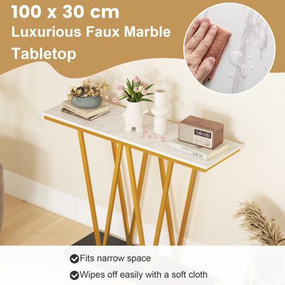 COSTWAY Console Table w/ Faux Marble Top 100cm Long Entry Table Metal Frame