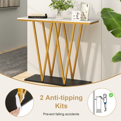 COSTWAY Console Table w/ Faux Marble Top 100cm Long Entry Table Metal Frame