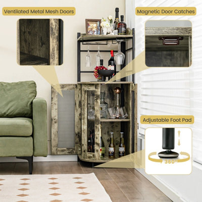 Costway Corner Bar Cabinet Industrial Wine Buffet Cabinet with Glass Holder Mesh Doors
