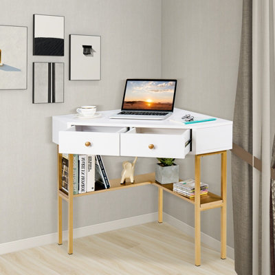 Costway Corner Computer Desk Study Desk w Storage Shelf Gold White