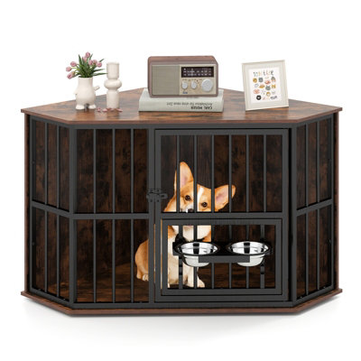 COSTWAY Corner Dog Crate Furniture Indoor Wooden Dogs Kennel Side Table ...